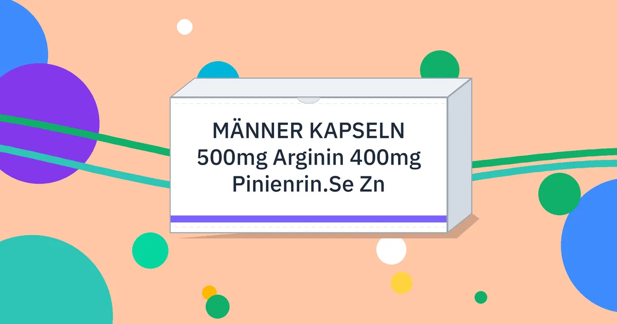 Symbolbild: Packung mit der Aufschrift MÄNNER KAPSELN 500mg Arginin 400mg Pinienrin.Se Zn (PZN 20877691) – Verfügbarkeit und Bezug in Apotheken in Frankfurt am Main