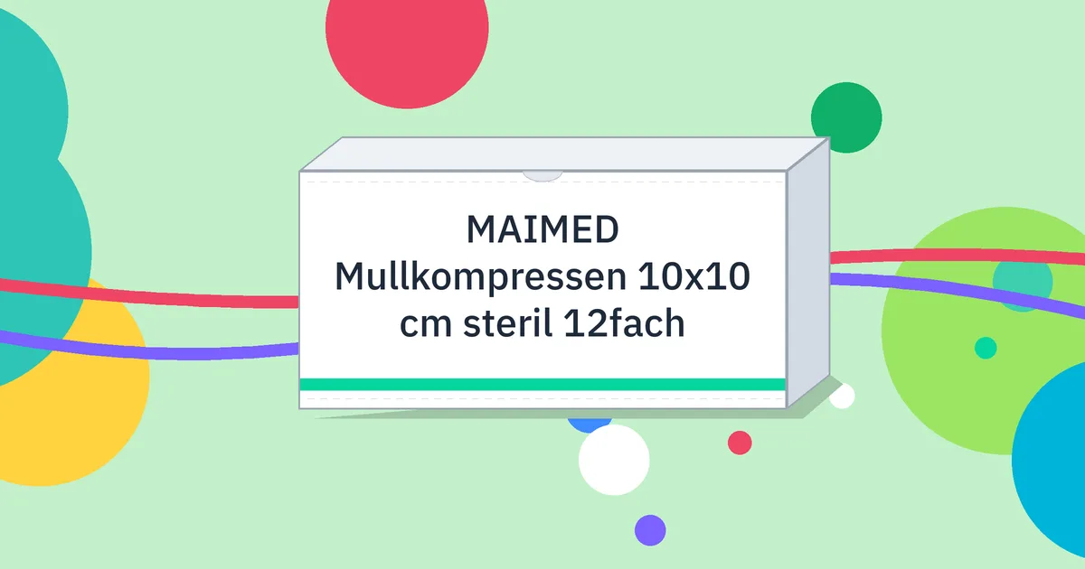 Symbolbild: Packung mit der Aufschrift MAIMED Mullkompressen 10x10 cm steril 12fach (PZN 03183461) – Verfügbarkeit und Bezug in Apotheken in Frankfurt am Main
