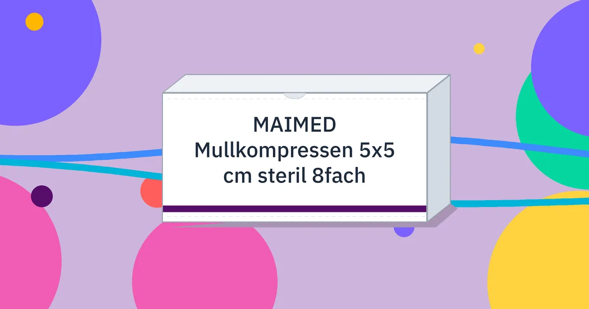 Symbolbild: Packung mit der Aufschrift MAIMED Mullkompressen 5x5 cm steril 8fach (PZN 03180072) – Verfügbarkeit und Bezug in Apotheken in Frankfurt am Main