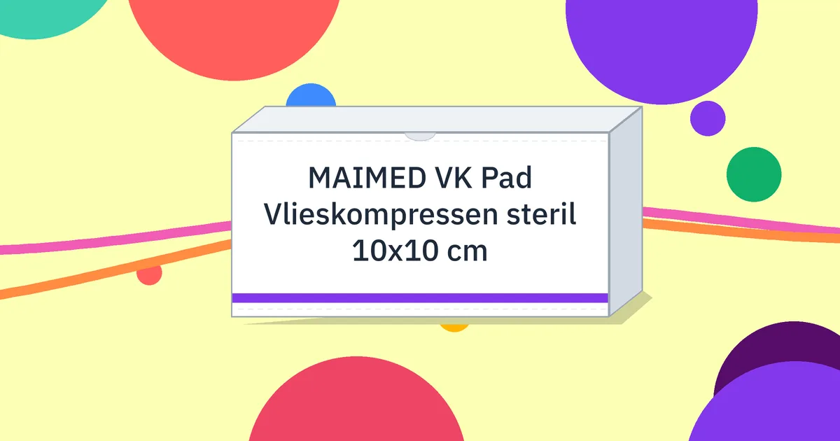 Symbolbild: Packung mit der Aufschrift MAIMED VK Pad Vlieskompressen steril 10x10 cm (PZN 10223474) – Verfügbarkeit und Bezug in Apotheken in Frankfurt am Main