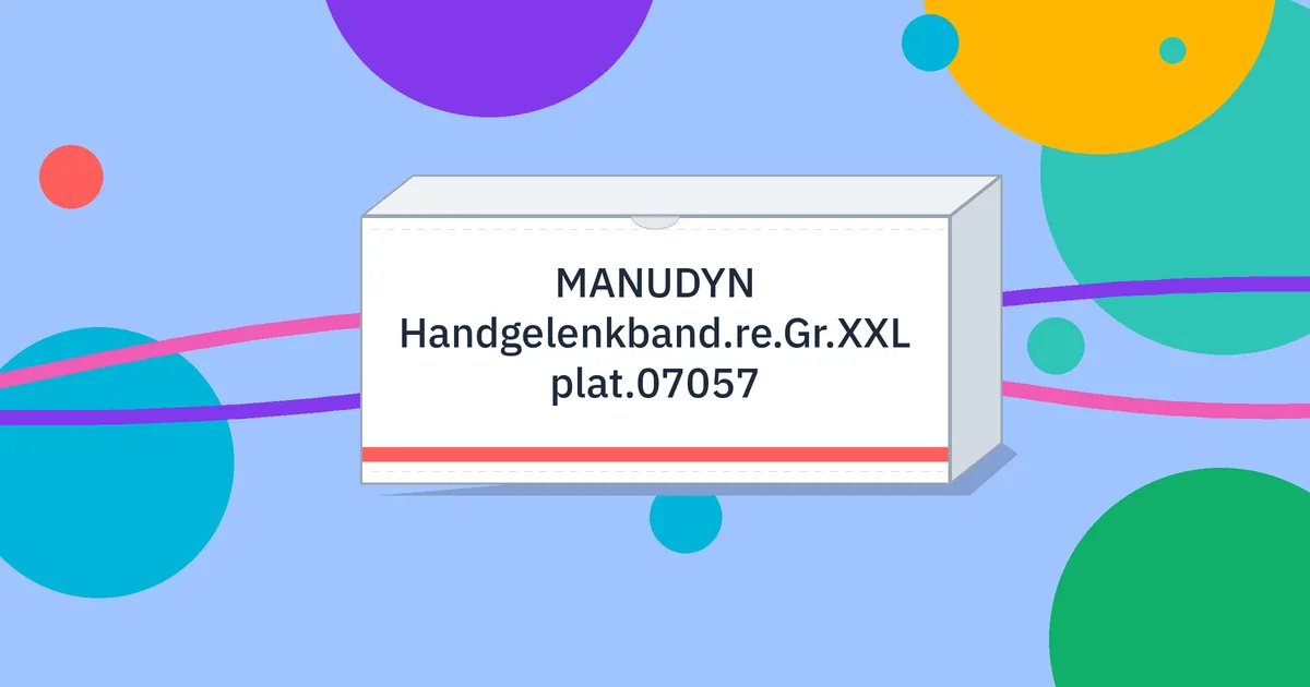 Symbolbild: Packung mit der Aufschrift MANUDYN Handgelenkband.re.Gr.XXL plat.07057 (PZN 06114940) – Verfügbarkeit und Bezug in Apotheken in Frankfurt am Main