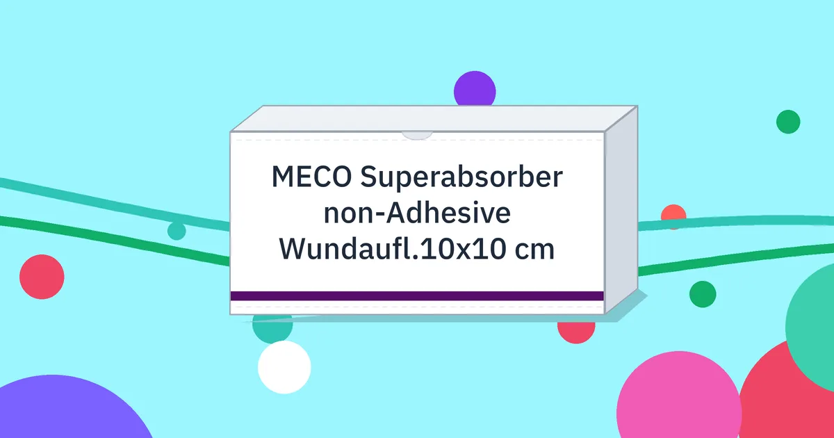Symbolbild: Packung mit der Aufschrift MECO Superabsorber non-Adhesive Wundaufl.10x10 cm (PZN 20090850) – Verfügbarkeit und Bezug in Apotheken in Frankfurt am Main