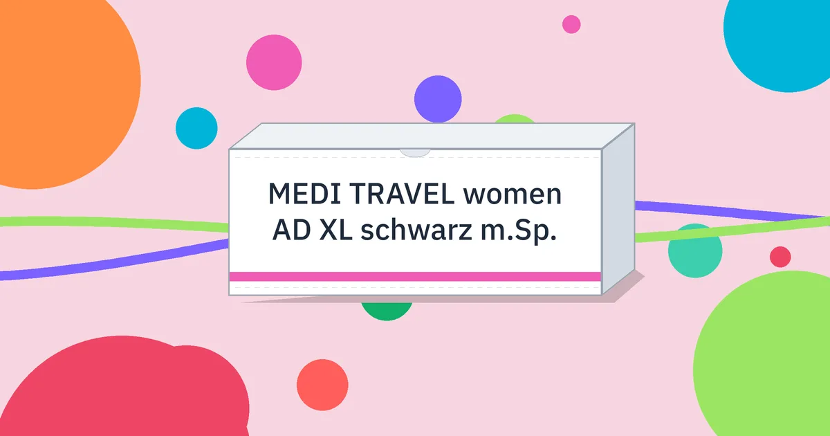 Symbolbild: Packung mit der Aufschrift MEDI TRAVEL women AD XL schwarz m.Sp. (PZN 07678001) – Verfügbarkeit und Bezug in Apotheken in Frankfurt am Main