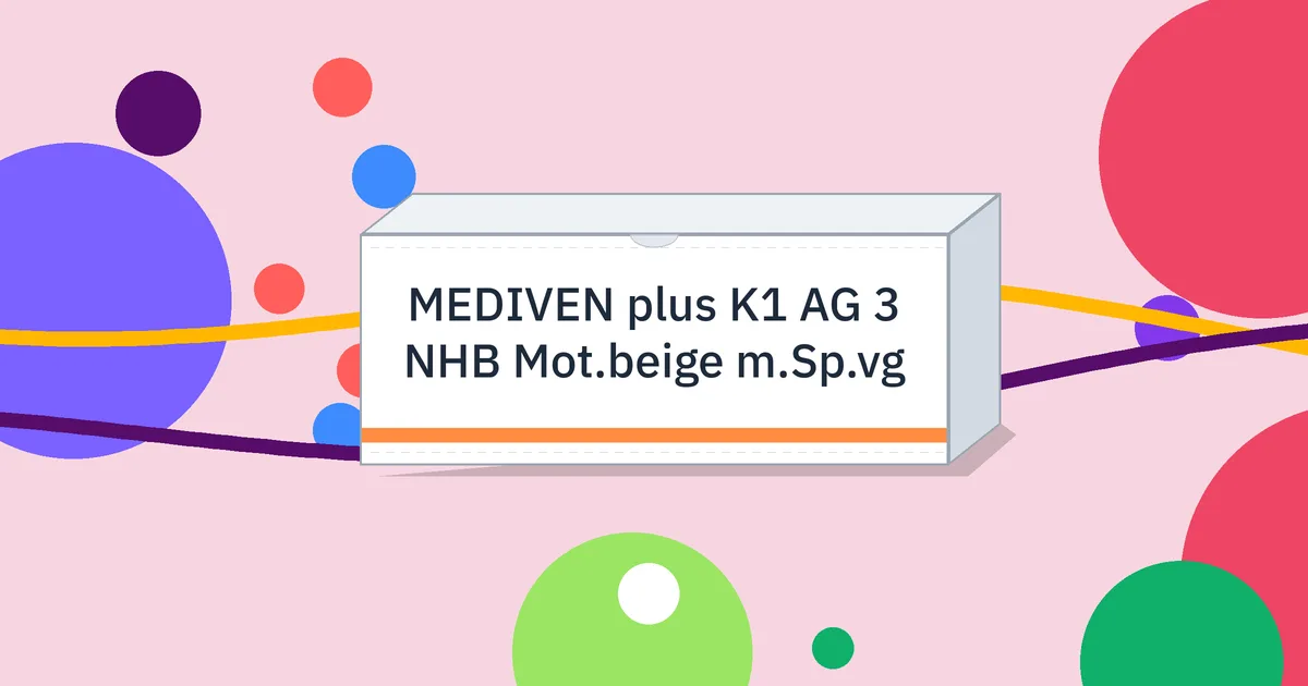 Symbolbild: Packung mit der Aufschrift MEDIVEN plus K1 AG 3 NHB Mot.beige m.Sp.vg (PZN 15916176) – Verfügbarkeit und Bezug in Apotheken in Frankfurt am Main