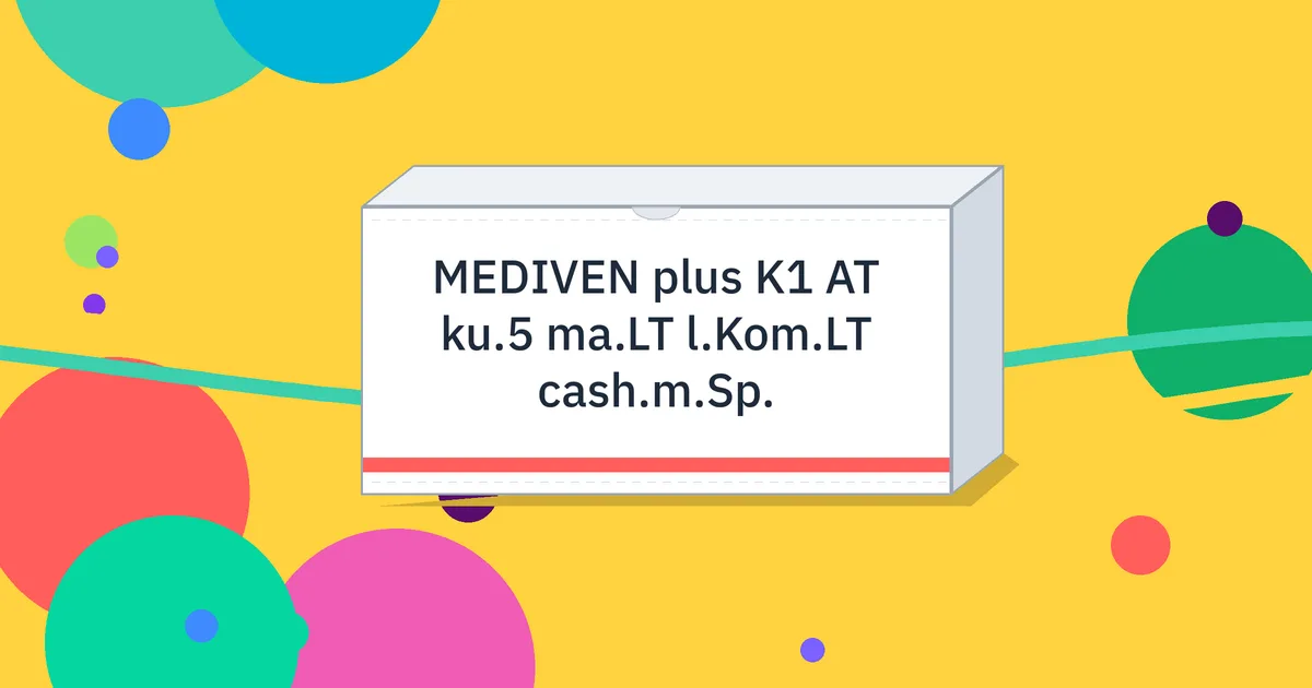 Symbolbild: Packung mit der Aufschrift MEDIVEN plus K1 AT ku.5 ma.LT l.Kom.LT cash.m.Sp. (PZN 15071744) – Verfügbarkeit und Bezug in Apotheken in Frankfurt am Main