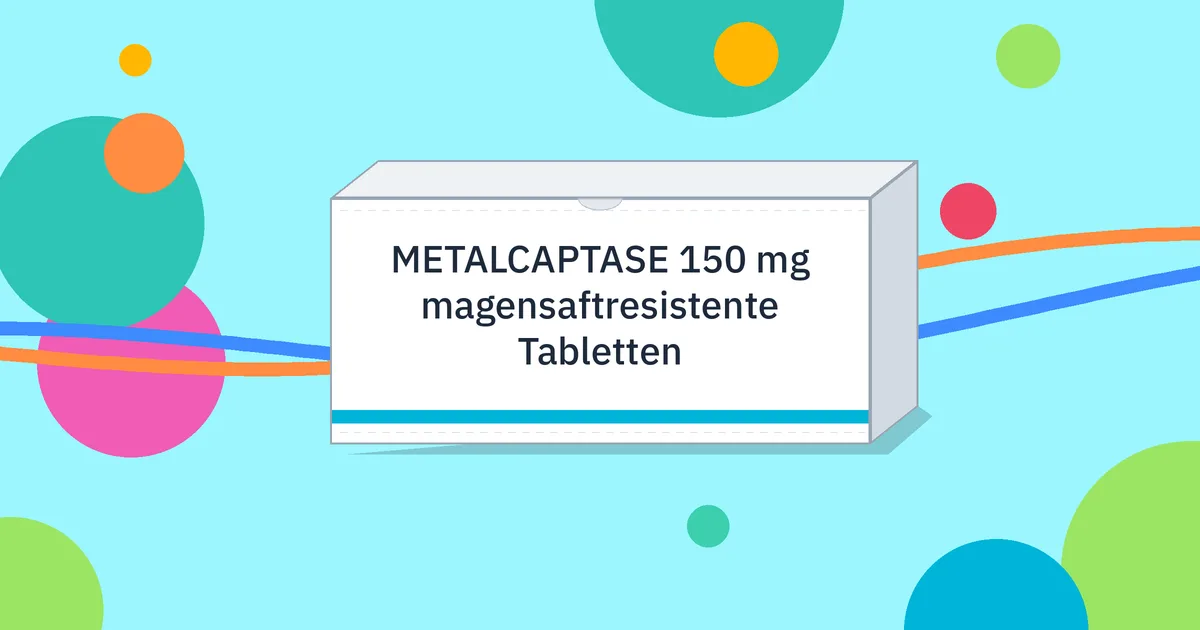 Symbolbild: Packung mit der Aufschrift METALCAPTASE 150 mg magensaftresistente Tabletten (PZN 07289558) – Verfügbarkeit und Bezug in Apotheken in Frankfurt am Main