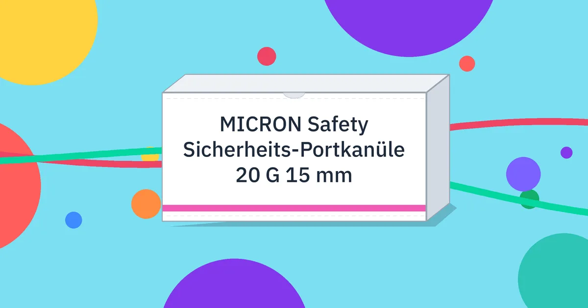 Symbolbild: Packung mit der Aufschrift MICRON Safety Sicherheits-Portkanüle 20 G 15 mm (PZN 19146284) – Verfügbarkeit und Bezug in Apotheken in Frankfurt am Main