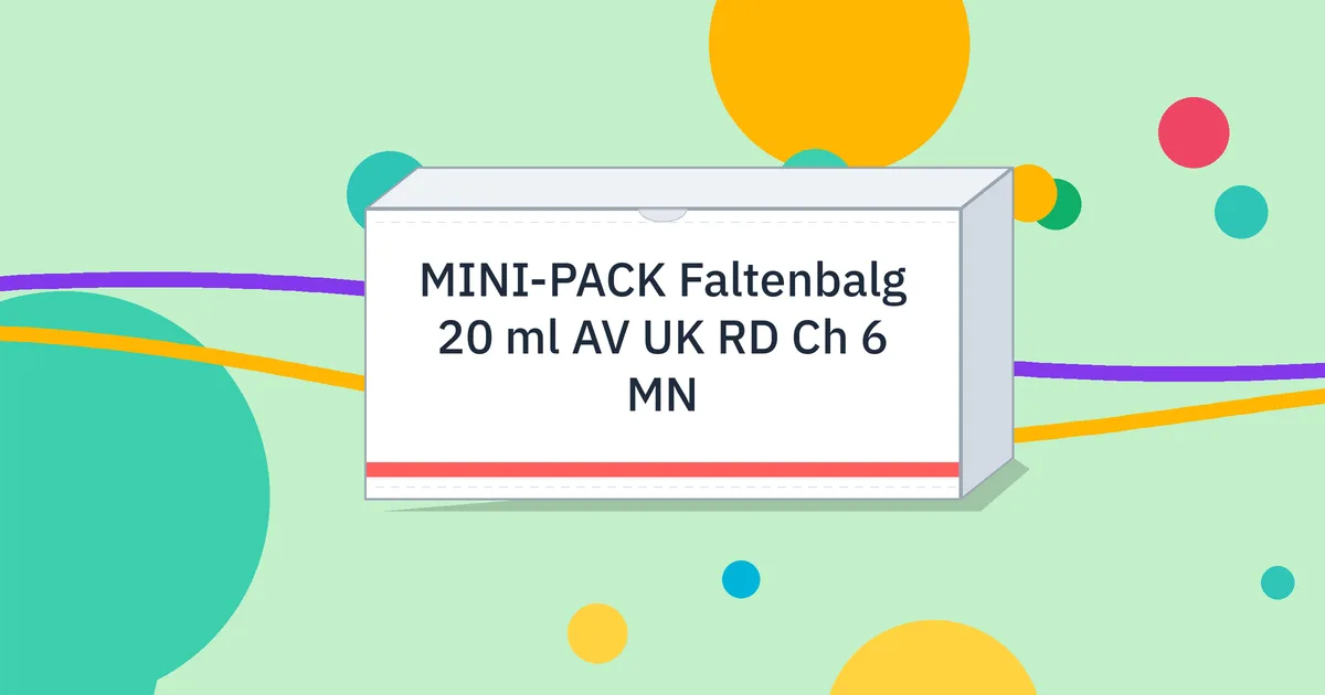 Symbolbild: Packung mit der Aufschrift MINI-PACK Faltenbalg 20 ml AV UK RD Ch 6 MN (PZN 17486030) – Verfügbarkeit und Bezug in Apotheken in Frankfurt am Main