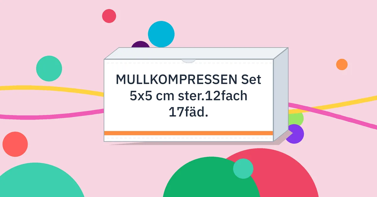 Symbolbild: Packung mit der Aufschrift MULLKOMPRESSEN Set 5x5 cm ster.12fach 17fäd. (PZN 06929955) – Verfügbarkeit und Bezug in Apotheken in Frankfurt am Main