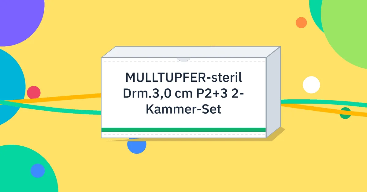 Symbolbild: Packung mit der Aufschrift MULLTUPFER-steril Drm.3,0 cm P2+3 2-Kammer-Set (PZN 18307199) – Verfügbarkeit und Bezug in Apotheken in Frankfurt am Main