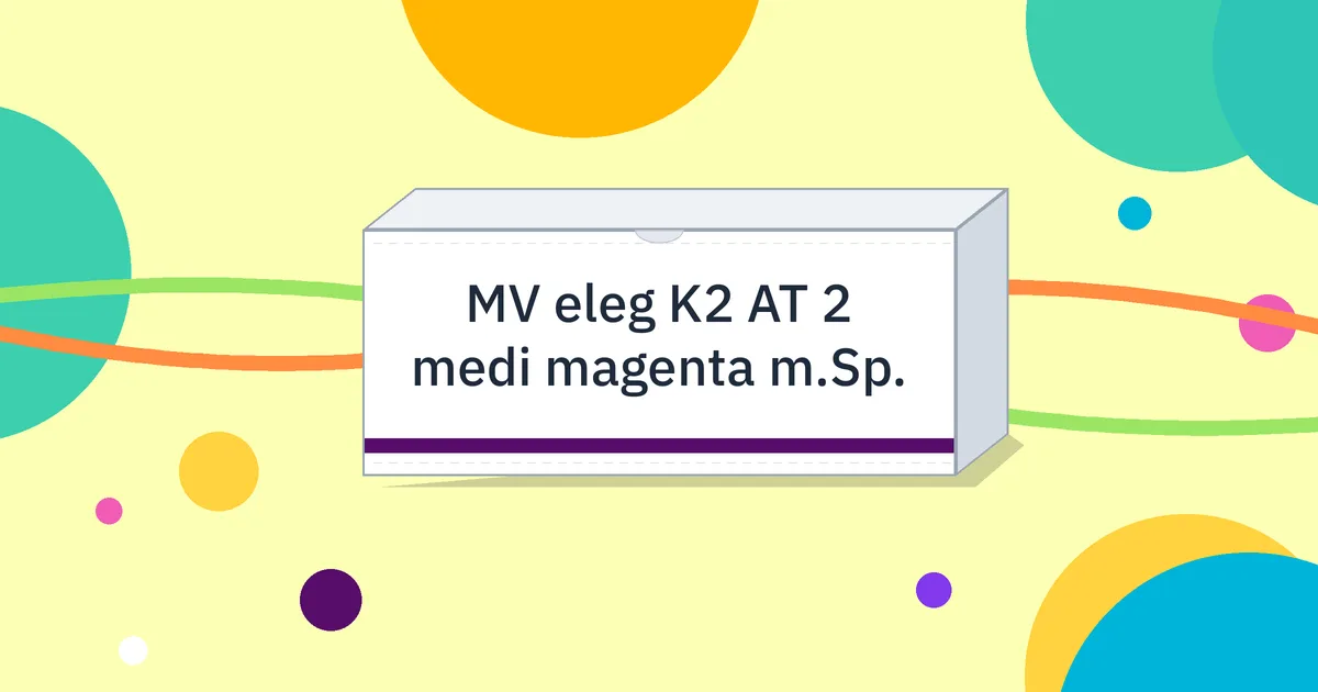 Symbolbild: Packung mit der Aufschrift MV eleg K2 AT 2 medi magenta m.Sp. (PZN 14625850) – Verfügbarkeit und Bezug in Apotheken in Frankfurt am Main