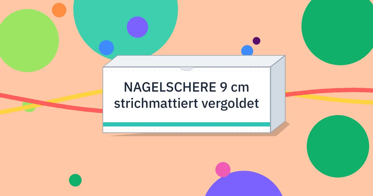 Symbolbild: Packung mit der Aufschrift NAGELSCHERE 9 cm strichmattiert vergoldet (PZN 18106696) – Verfügbarkeit und Bezug in Apotheken in Frankfurt am Main