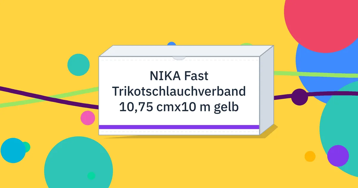 Symbolbild: Packung mit der Aufschrift NIKA Fast Trikotschlauchverband 10,75 cmx10 m gelb (PZN 18171794) – Verfügbarkeit und Bezug in Apotheken in Frankfurt am Main