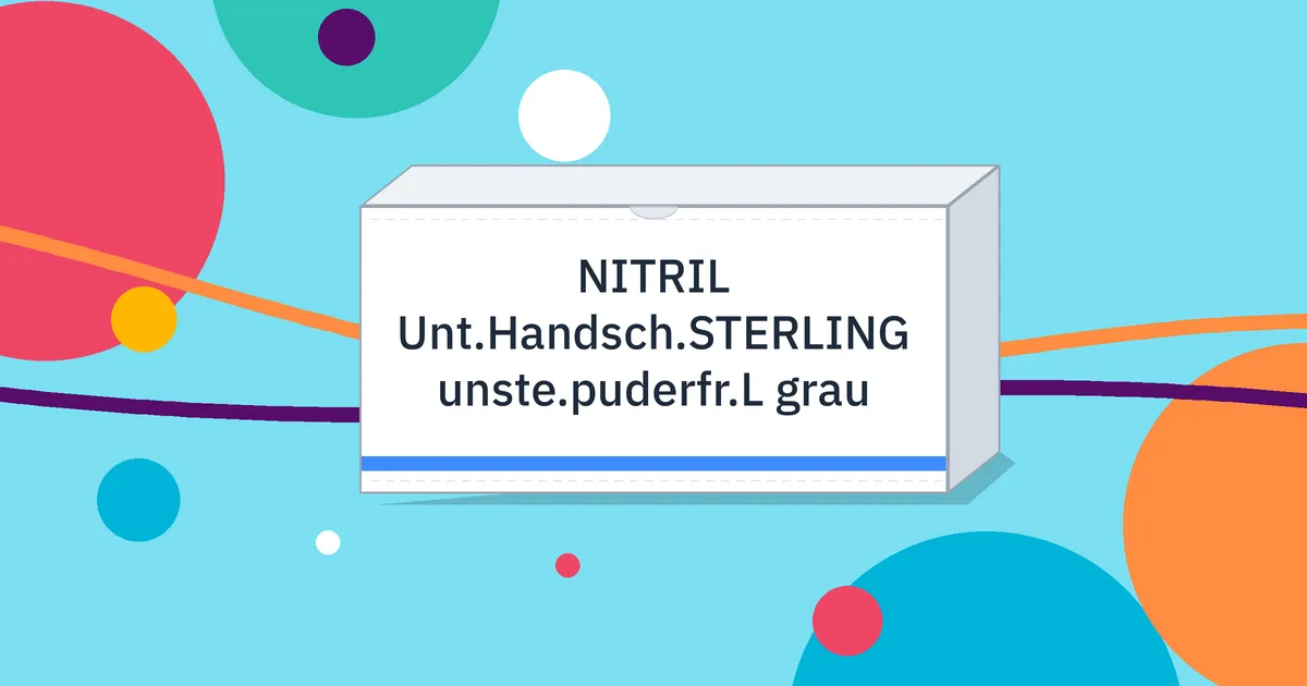 Symbolbild: Packung mit der Aufschrift NITRIL Unt.Handsch.STERLING unste.puderfr.L grau (PZN 12573014) – Verfügbarkeit und Bezug in Apotheken in Frankfurt am Main