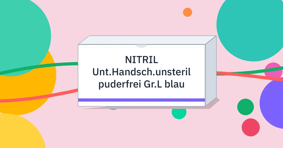Symbolbild: Packung mit der Aufschrift NITRIL Unt.Handsch.unsteril puderfrei Gr.L blau (PZN 13350983) – Verfügbarkeit und Bezug in Apotheken in Frankfurt am Main