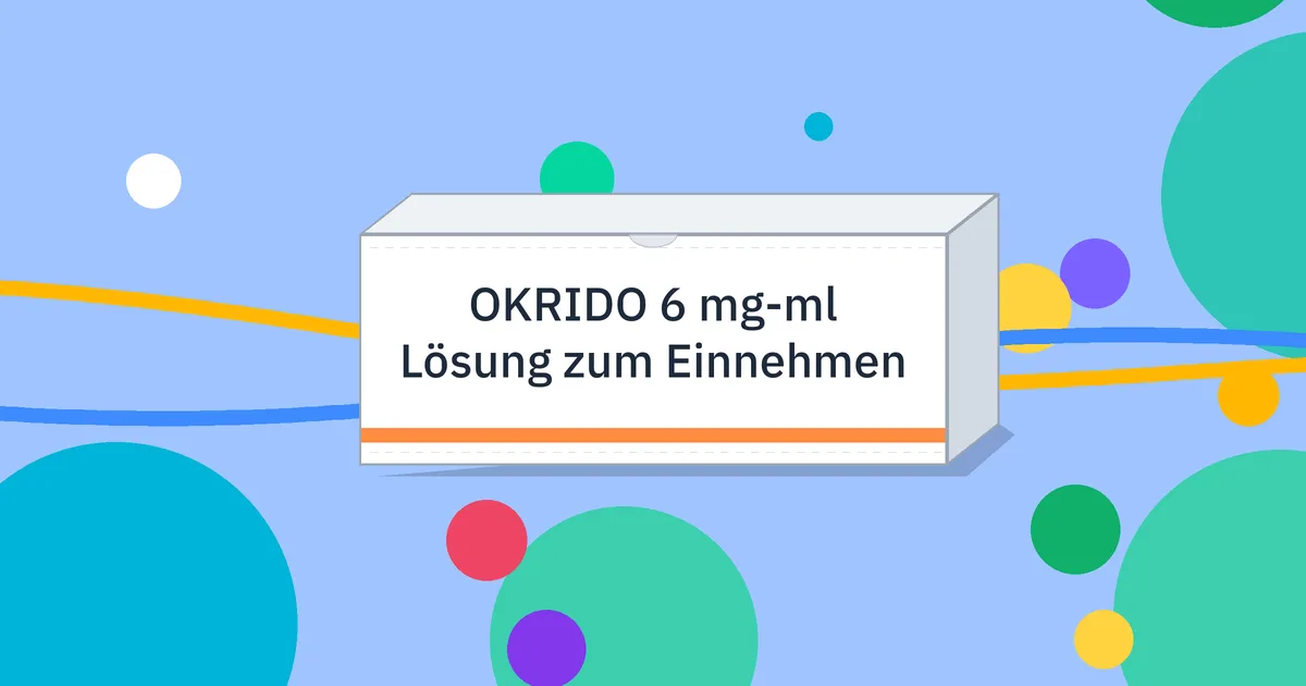 Symbolbild: Packung mit der Aufschrift OKRIDO 6 mg-ml Lösung zum Einnehmen (PZN 10420341) – Verfügbarkeit und Bezug in Apotheken in Frankfurt am Main