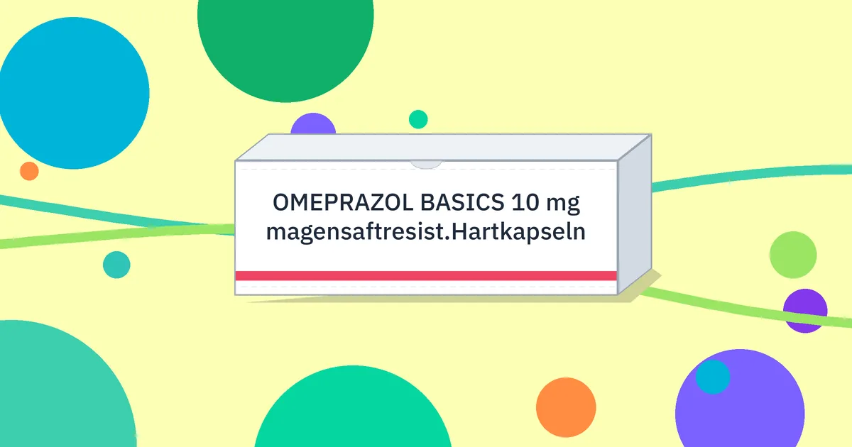 Symbolbild: Packung mit der Aufschrift OMEPRAZOL BASICS 10 mg magensaftresist.Hartkapseln (PZN 13234662) – Verfügbarkeit und Bezug in Apotheken in Frankfurt am Main