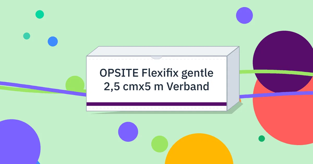 Symbolbild: Packung mit der Aufschrift OPSITE Flexifix gentle 2,5 cmx5 m Verband (PZN 10182315) – Verfügbarkeit und Bezug in Apotheken in Frankfurt am Main