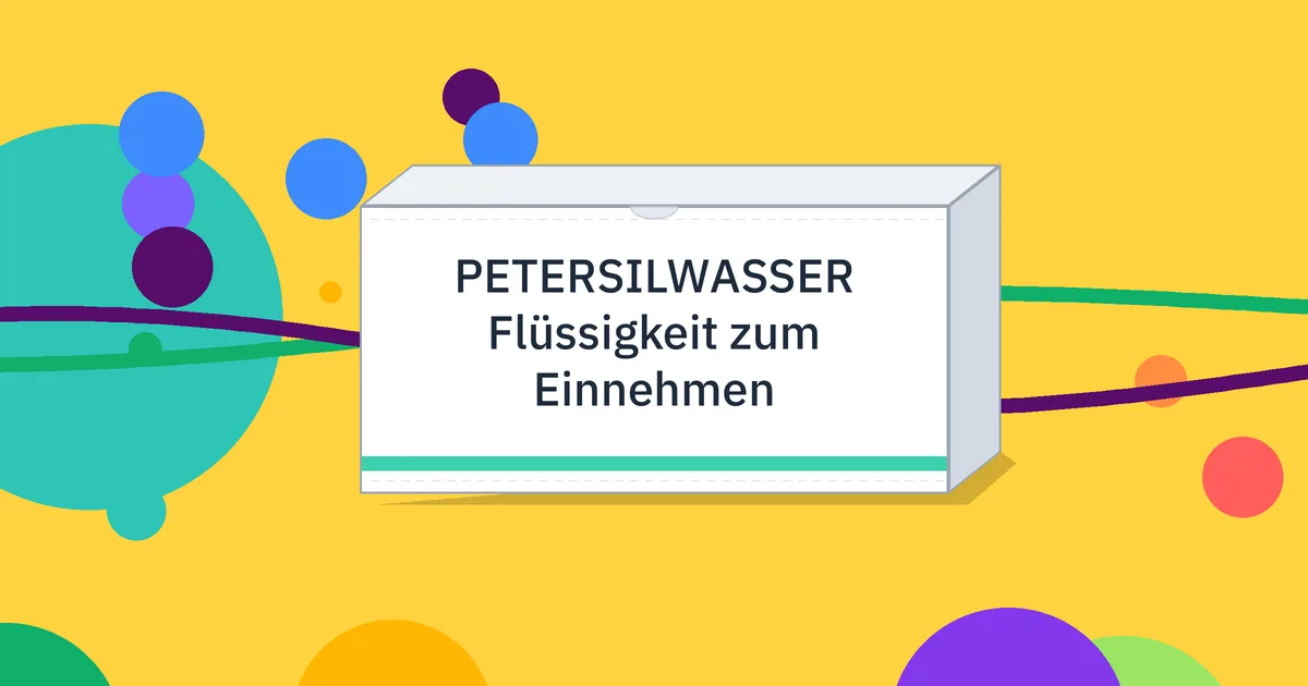 Symbolbild: Packung mit der Aufschrift PETERSILWASSER Flüssigkeit zum Einnehmen (PZN 15401437) – Verfügbarkeit und Bezug in Apotheken in Frankfurt am Main