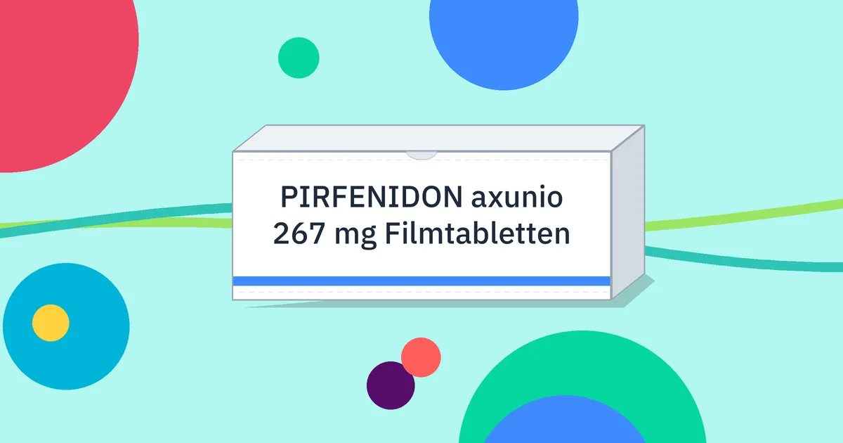 Symbolbild: Packung mit der Aufschrift PIRFENIDON axunio 267 mg Filmtabletten (PZN 18097537) – Verfügbarkeit und Bezug in Apotheken in Frankfurt am Main