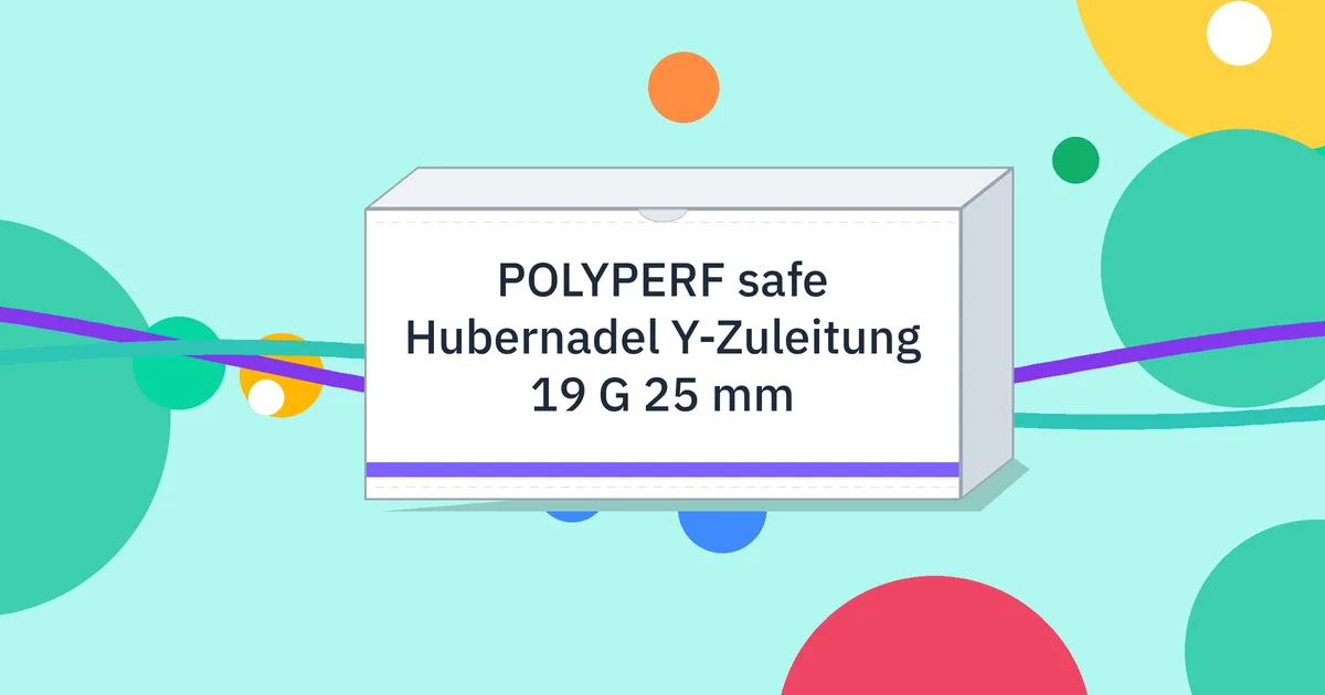 Symbolbild: Packung mit der Aufschrift POLYPERF safe Hubernadel Y-Zuleitung 19 G 25 mm (PZN 18114075) – Verfügbarkeit und Bezug in Apotheken in Frankfurt am Main