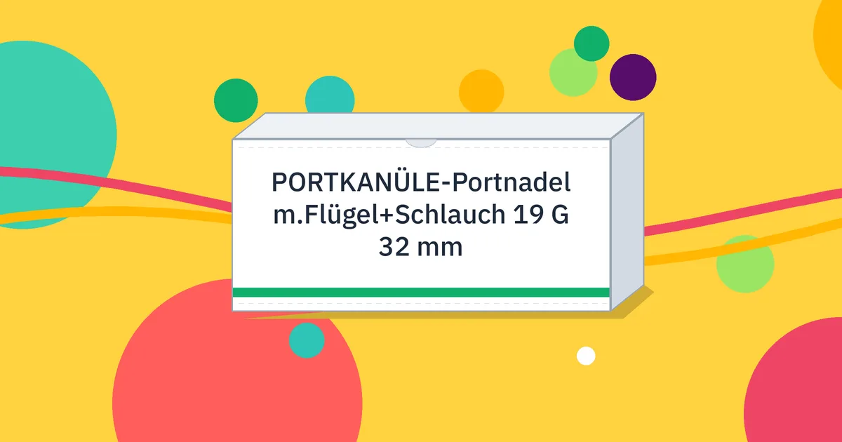 Symbolbild: Packung mit der Aufschrift PORTKANÜLE-Portnadel m.Flügel+Schlauch 19 G 32 mm (PZN 10010726) – Verfügbarkeit und Bezug in Apotheken in Frankfurt am Main