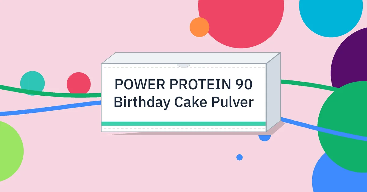 Symbolbild: Packung mit der Aufschrift POWER PROTEIN 90 Birthday Cake Pulver (PZN 13895317) – Verfügbarkeit und Bezug in Apotheken in Frankfurt am Main