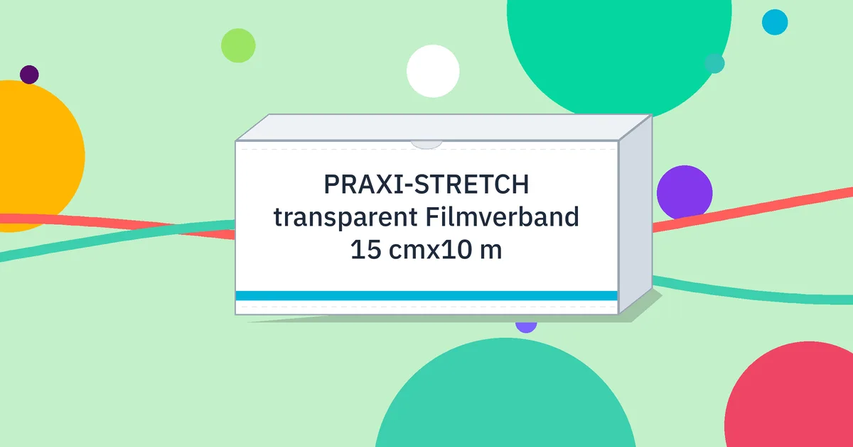 Symbolbild: Packung mit der Aufschrift PRAXI-STRETCH transparent Filmverband 15 cmx10 m (PZN 12827791) – Verfügbarkeit und Bezug in Apotheken in Frankfurt am Main