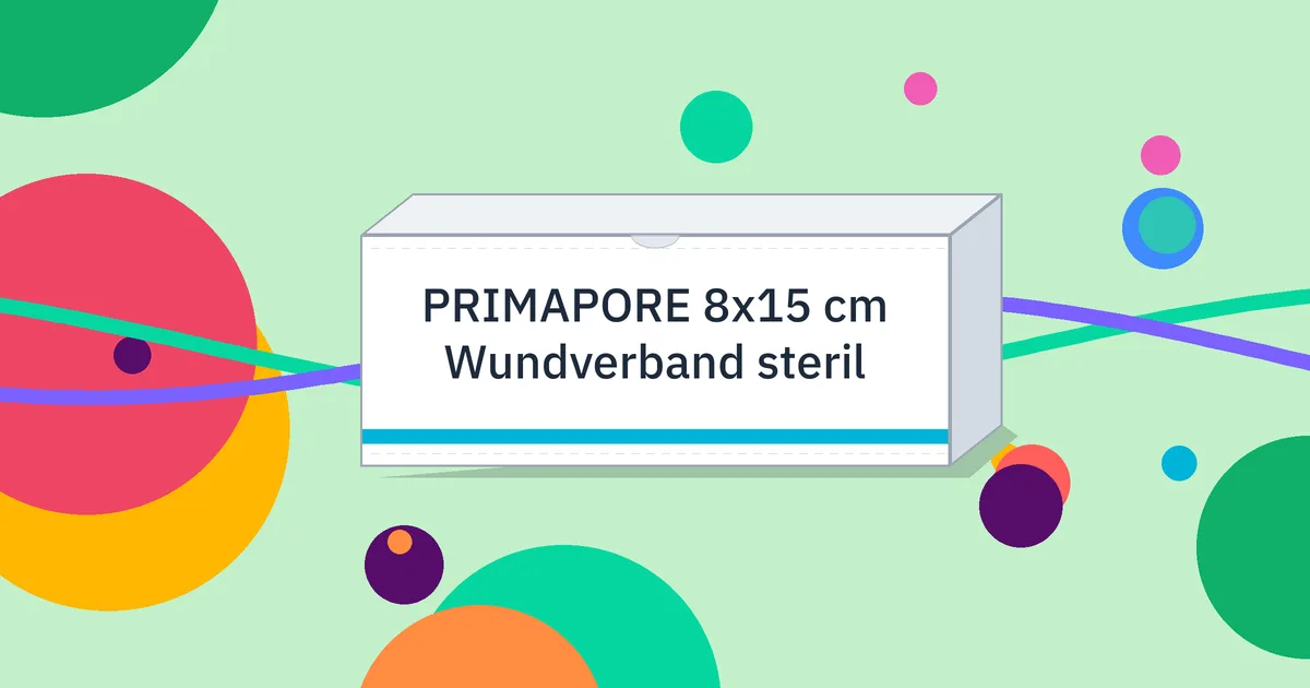 Symbolbild: Packung mit der Aufschrift PRIMAPORE 8x15 cm Wundverband steril (PZN 13820236) – Verfügbarkeit und Bezug in Apotheken in Frankfurt am Main