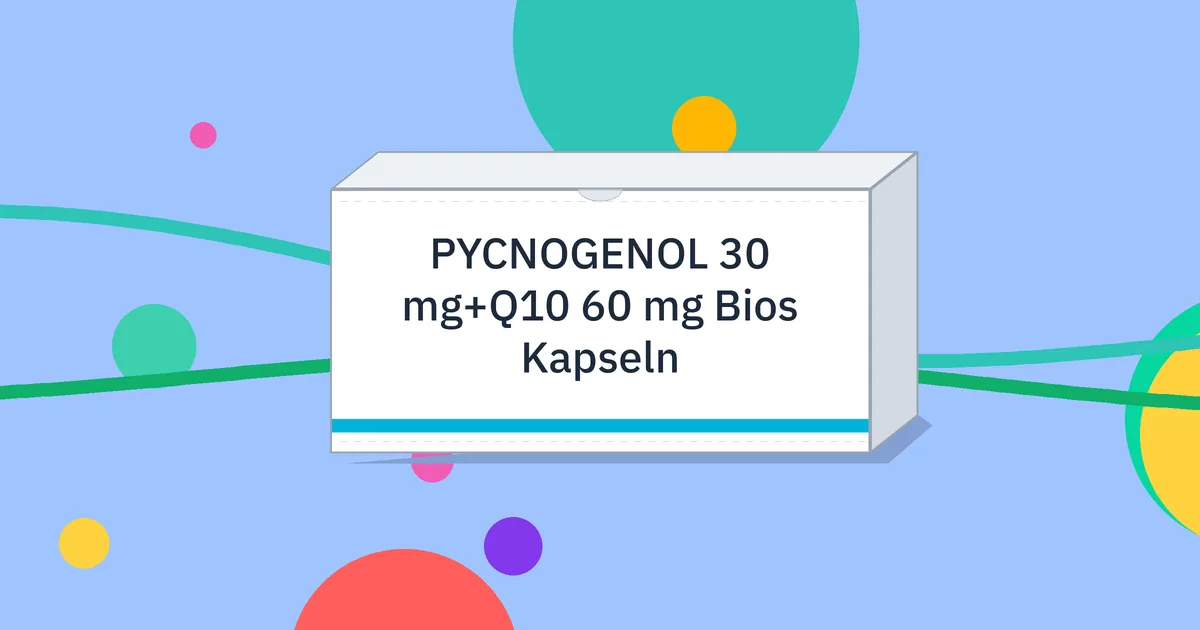 Symbolbild: Packung mit der Aufschrift PYCNOGENOL 30 mg+Q10 60 mg Bios Kapseln (PZN 01161490) – Verfügbarkeit und Bezug in Apotheken in Frankfurt am Main