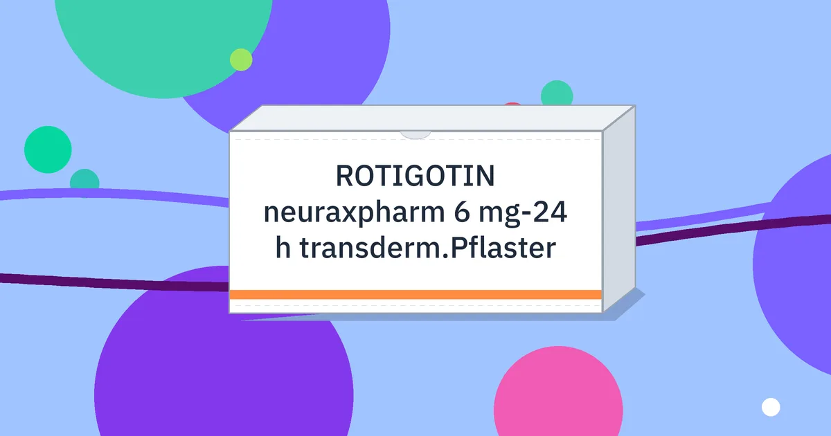 Symbolbild: Packung mit der Aufschrift ROTIGOTIN neuraxpharm 6 mg-24 h transderm.Pflaster (PZN 18369881) – Verfügbarkeit und Bezug in Apotheken in Frankfurt am Main