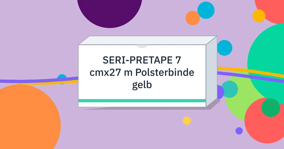 Symbolbild: Packung mit der Aufschrift SERI-PRETAPE 7 cmx27 m Polsterbinde gelb (PZN 20891604) – Verfügbarkeit und Bezug in Apotheken in Frankfurt am Main