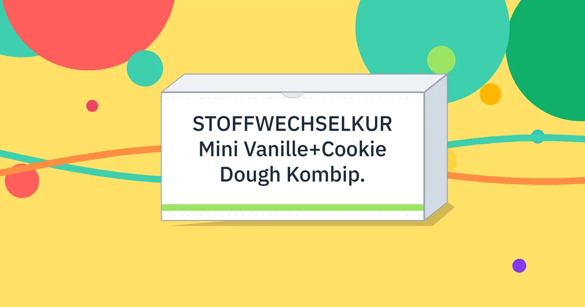 Symbolbild: Packung mit der Aufschrift STOFFWECHSELKUR Mini Vanille+Cookie Dough Kombip. (PZN 14044685) – Verfügbarkeit und Bezug in Apotheken in Frankfurt am Main