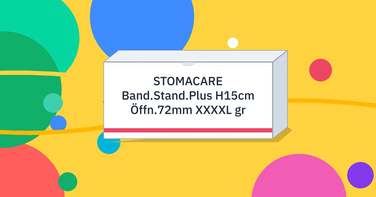 Symbolbild: Packung mit der Aufschrift STOMACARE Band.Stand.Plus H15cm Öffn.72mm XXXXL gr (PZN 16750430) – Verfügbarkeit und Bezug in Apotheken in Frankfurt am Main