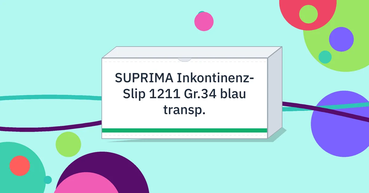 Symbolbild: Packung mit der Aufschrift SUPRIMA Inkontinenz-Slip 1211 Gr.34 blau transp. (PZN 01365844) – Verfügbarkeit und Bezug in Apotheken in Frankfurt am Main