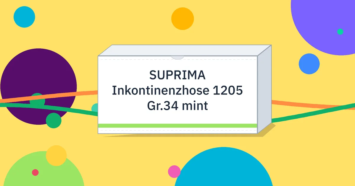 Symbolbild: Packung mit der Aufschrift SUPRIMA Inkontinenzhose 1205 Gr.34 mint (PZN 07631376) – Verfügbarkeit und Bezug in Apotheken in Frankfurt am Main