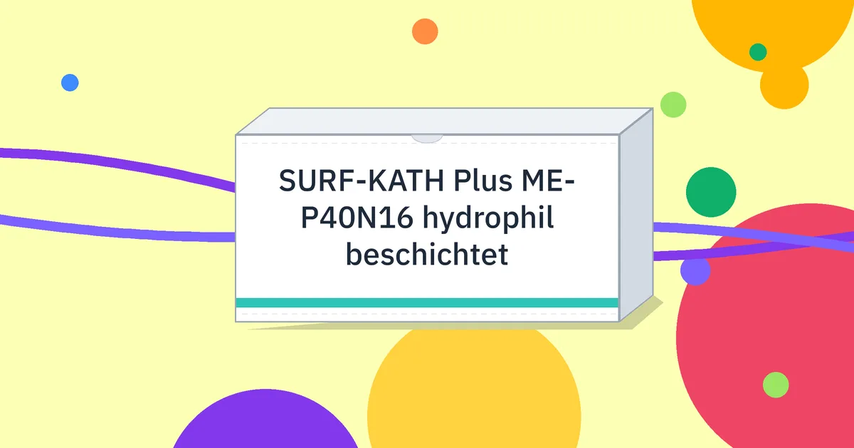 Symbolbild: Packung mit der Aufschrift SURF-KATH Plus ME-P40N16 hydrophil beschichtet (PZN 07008370) – Verfügbarkeit und Bezug in Apotheken in Frankfurt am Main