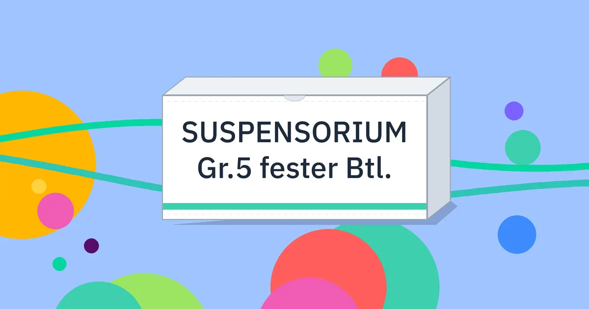 Symbolbild: Packung mit der Aufschrift SUSPENSORIUM Gr.5 fester Btl. (PZN 04865607) – Verfügbarkeit und Bezug in Apotheken in Frankfurt am Main
