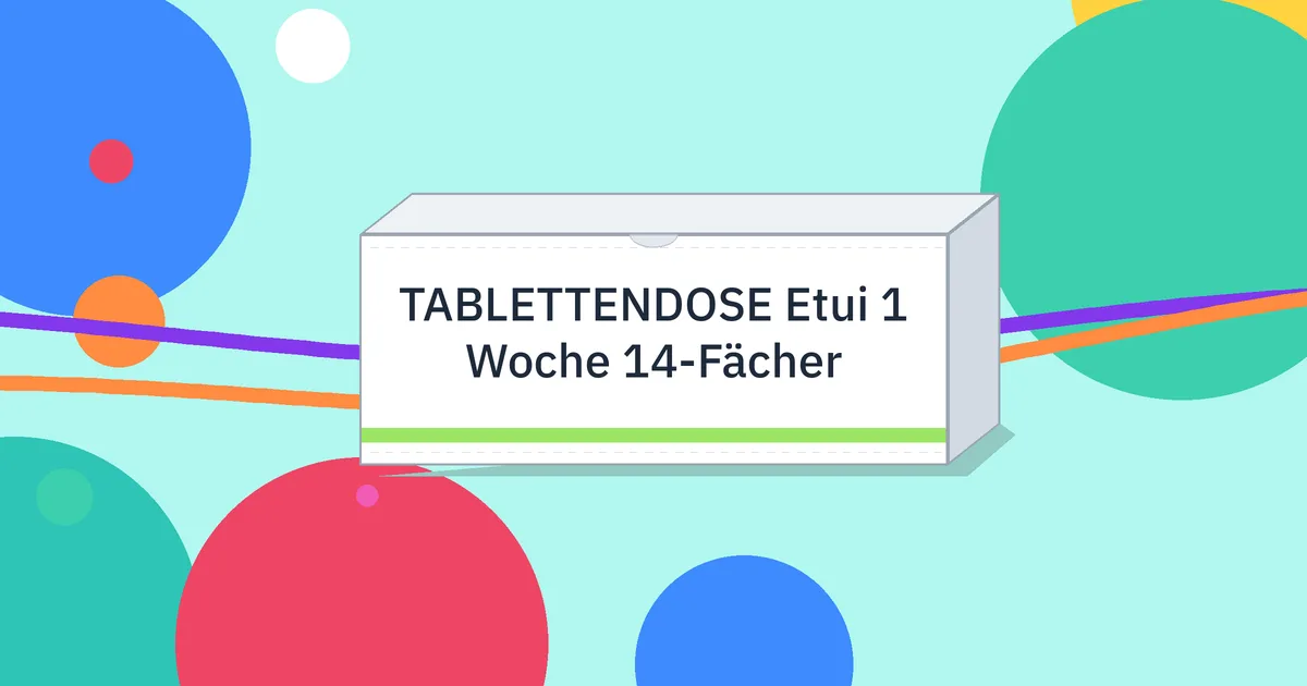 Symbolbild: Packung mit der Aufschrift TABLETTENDOSE Etui 1 Woche 14-Fächer (PZN 06566659) – Verfügbarkeit und Bezug in Apotheken in Frankfurt am Main