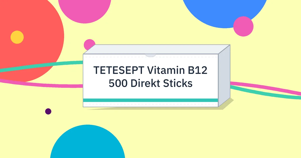 Symbolbild: Packung mit der Aufschrift TETESEPT Vitamin B12 500 Direkt Sticks (PZN 18271107) – Verfügbarkeit und Bezug in Apotheken in Frankfurt am Main