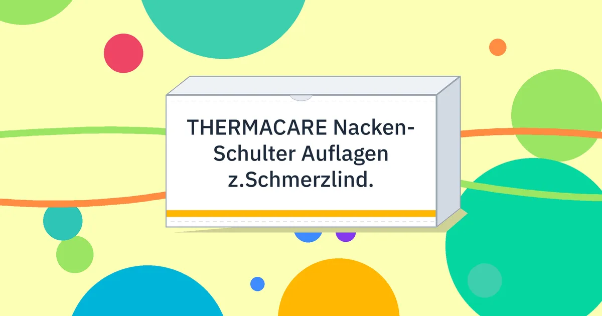 Symbolbild: Packung mit der Aufschrift THERMACARE Nacken-Schulter Auflagen z.Schmerzlind. (PZN 00707372) – Verfügbarkeit und Bezug in Apotheken in Frankfurt am Main