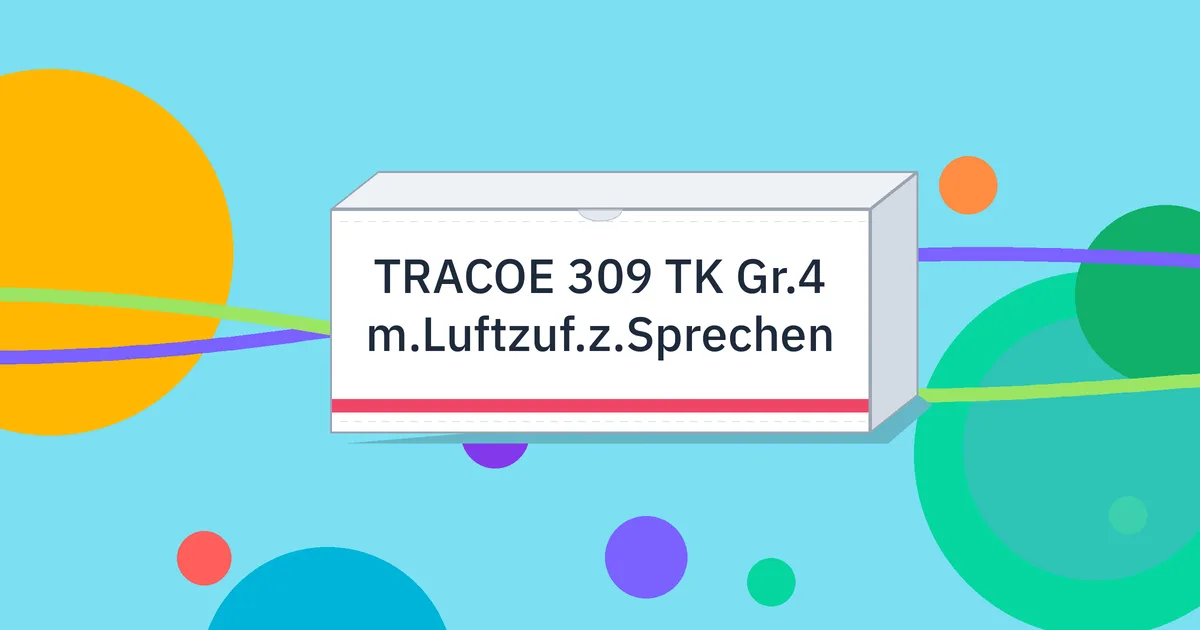 Symbolbild: Packung mit der Aufschrift TRACOE 309 TK Gr.4 m.Luftzuf.z.Sprechen (PZN 00921527) – Verfügbarkeit und Bezug in Apotheken in Frankfurt am Main