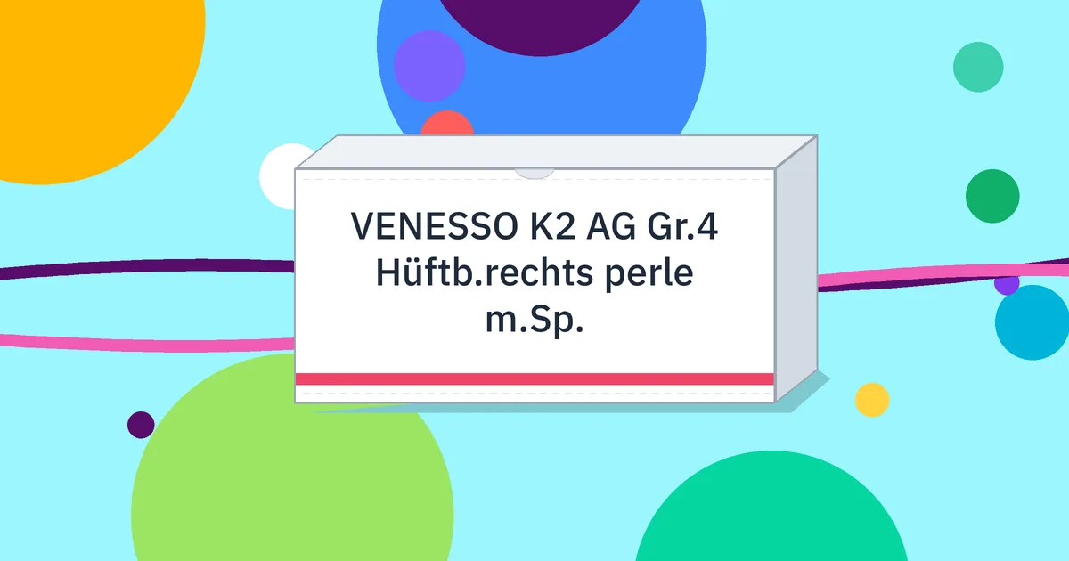 Symbolbild: Packung mit der Aufschrift VENESSO K2 AG Gr.4 Hüftb.rechts perle m.Sp. (PZN 03274301) – Verfügbarkeit und Bezug in Apotheken in Frankfurt am Main