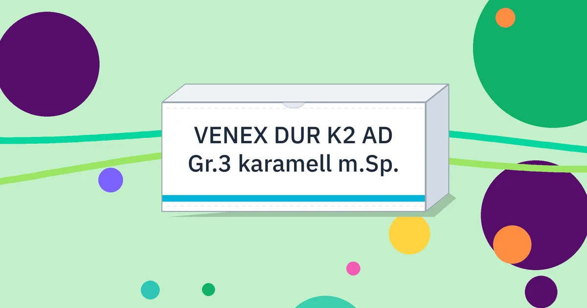 Symbolbild: Packung mit der Aufschrift VENEX DUR K2 AD Gr.3 karamell m.Sp. (PZN 13757360) – Verfügbarkeit und Bezug in Apotheken in Frankfurt am Main