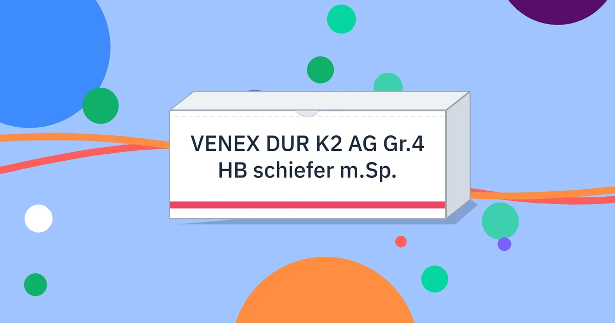Symbolbild: Packung mit der Aufschrift VENEX DUR K2 AG Gr.4 HB schiefer m.Sp. (PZN 03218969) – Verfügbarkeit und Bezug in Apotheken in Frankfurt am Main