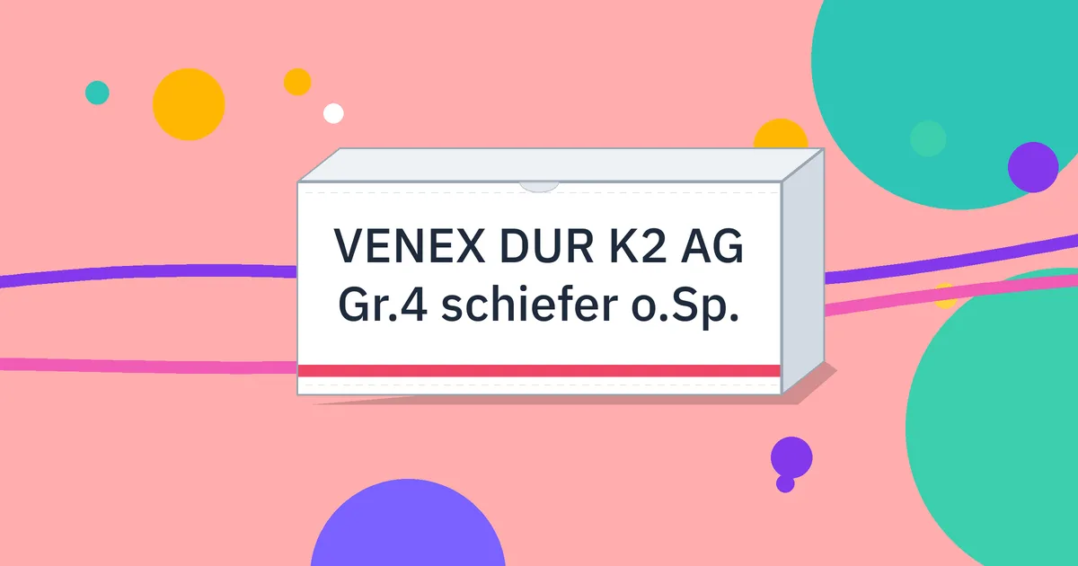 Symbolbild: Packung mit der Aufschrift VENEX DUR K2 AG Gr.4 schiefer o.Sp. (PZN 03217214) – Verfügbarkeit und Bezug in Apotheken in Frankfurt am Main