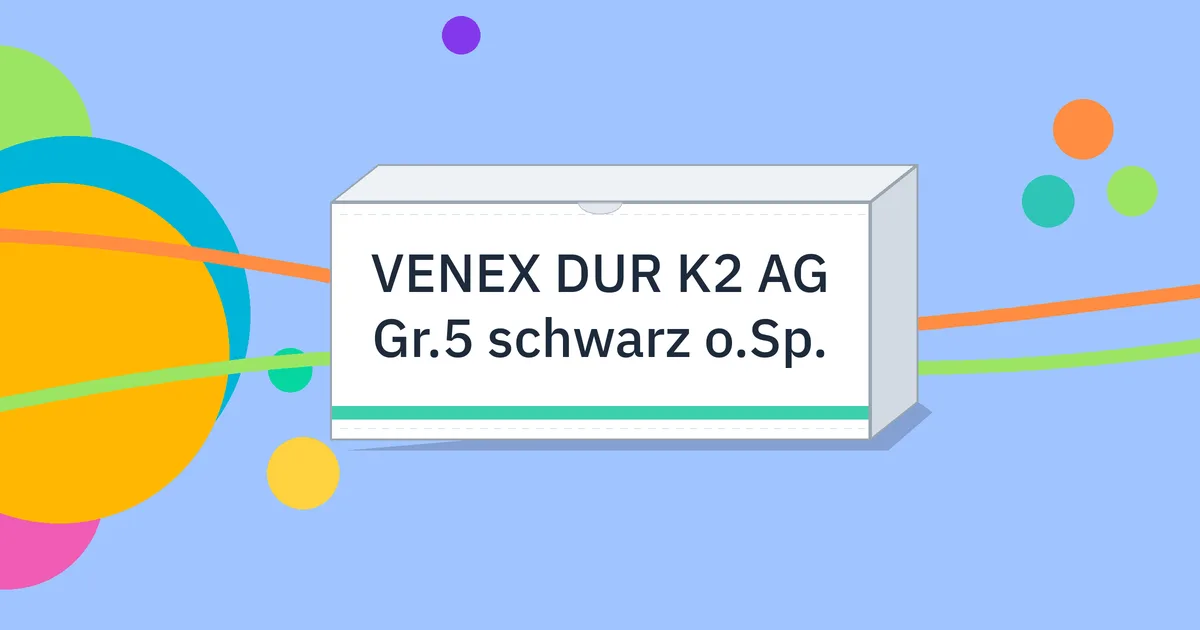Symbolbild: Packung mit der Aufschrift VENEX DUR K2 AG Gr.5 schwarz o.Sp. (PZN 03217562) – Verfügbarkeit und Bezug in Apotheken in Frankfurt am Main