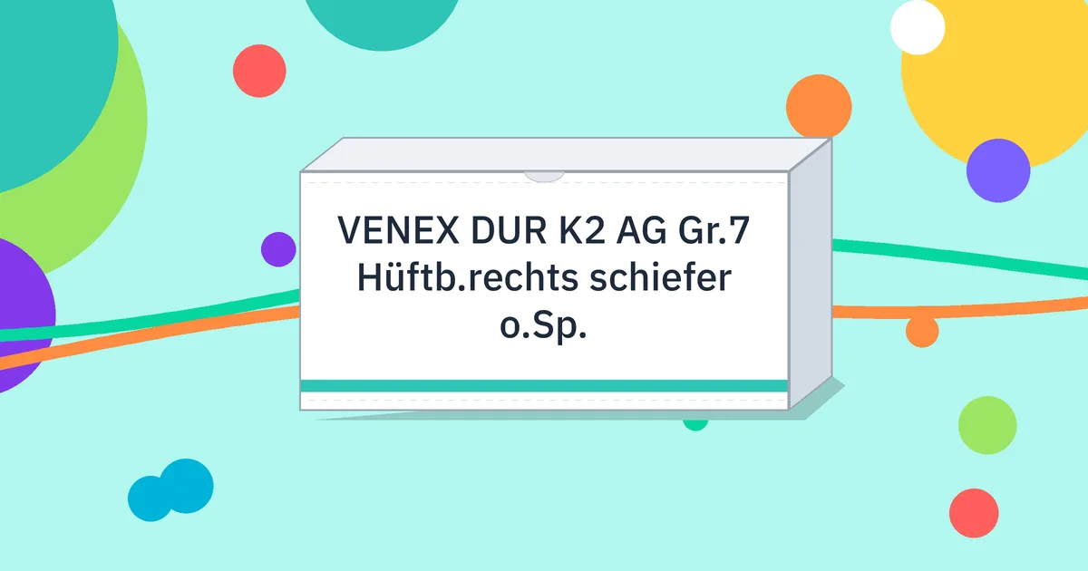 Symbolbild: Packung mit der Aufschrift VENEX DUR K2 AG Gr.7 Hüftb.rechts schiefer o.Sp. (PZN 03233101) – Verfügbarkeit und Bezug in Apotheken in Frankfurt am Main