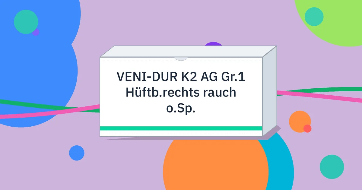 Symbolbild: Packung mit der Aufschrift VENI-DUR K2 AG Gr.1 Hüftb.rechts rauch o.Sp. (PZN 03253256) – Verfügbarkeit und Bezug in Apotheken in Frankfurt am Main