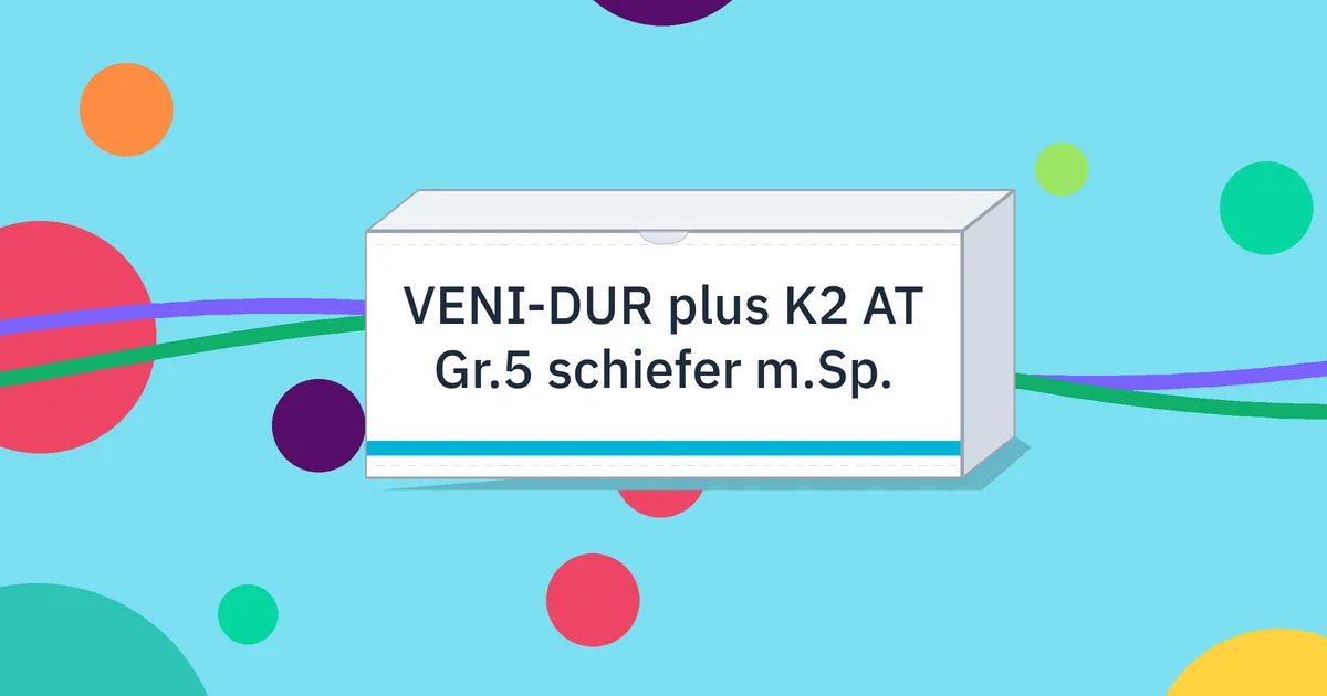 Symbolbild: Packung mit der Aufschrift VENI-DUR plus K2 AT Gr.5 schiefer m.Sp. (PZN 03255373) – Verfügbarkeit und Bezug in Apotheken in Frankfurt am Main